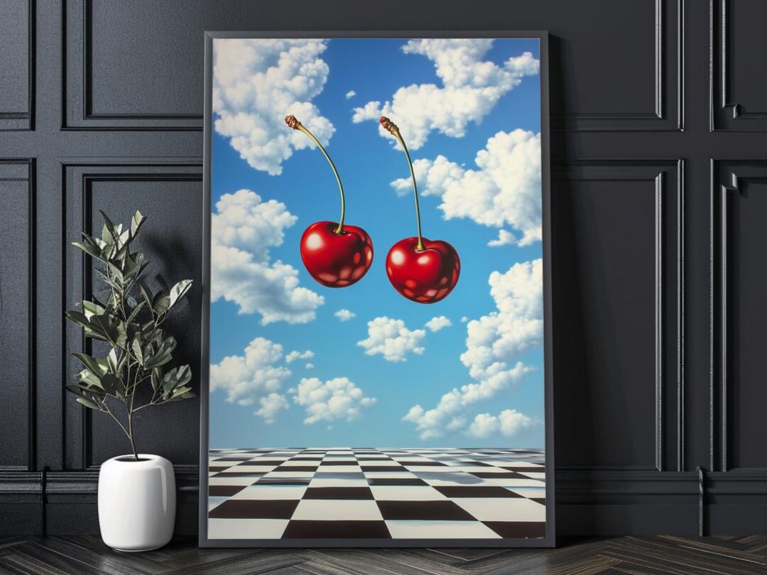 Surreal 1980s Airbrush Art | Cherry Poster | Blue Sky Print | Black and ...
