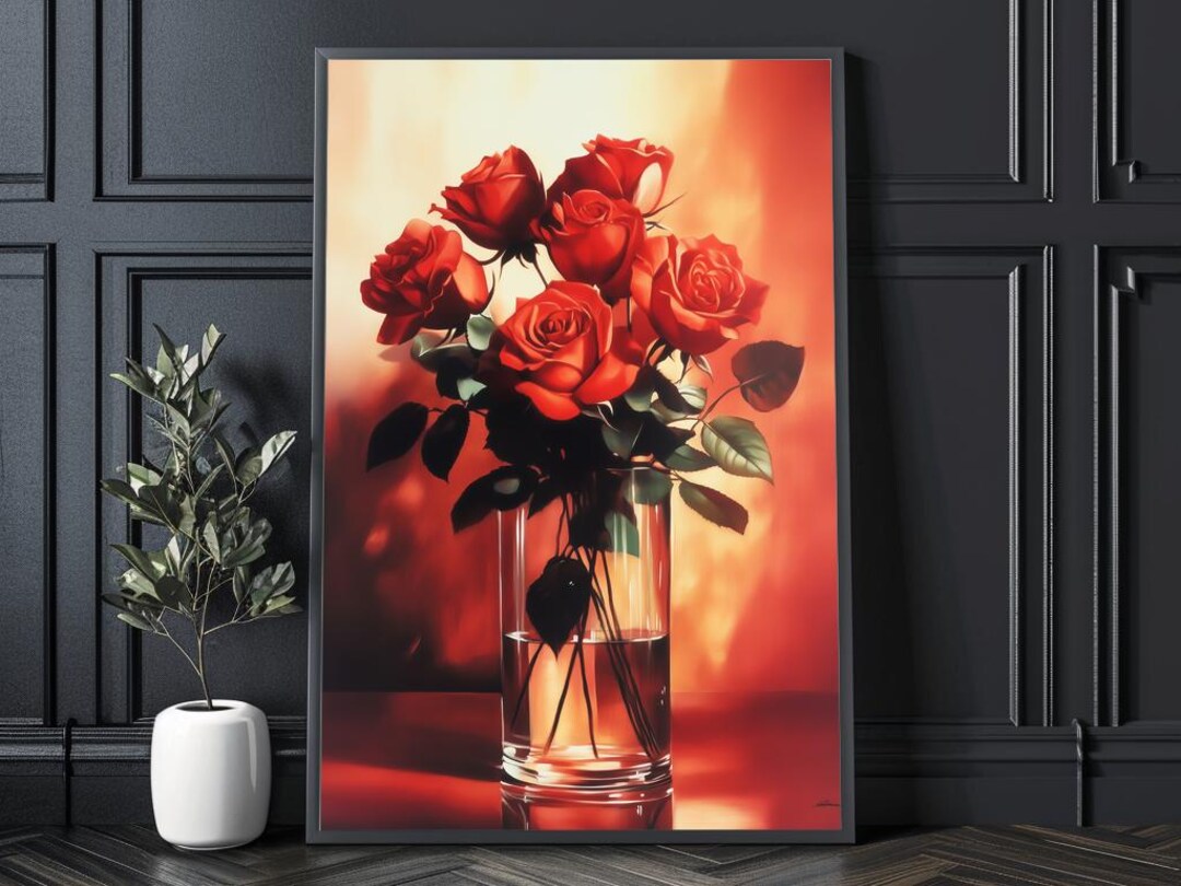 1980s Retro Airbrush Art Print | Crimson Roses in Glass Vase | Warm ...