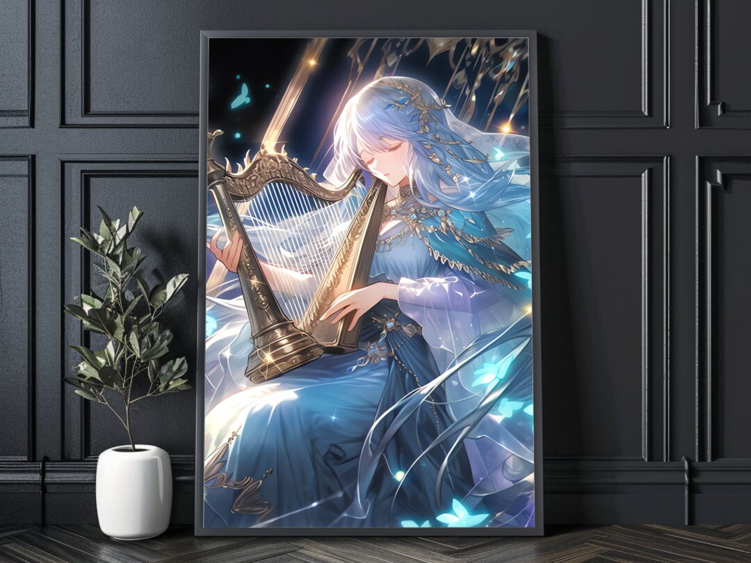 Enchanted Forest Harpist Poster Woman in Blue Dress Rococo Style ...