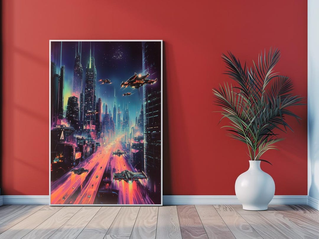Retro 80s Cityscape | Future Poster | Neon Lights | Flying Cars ...