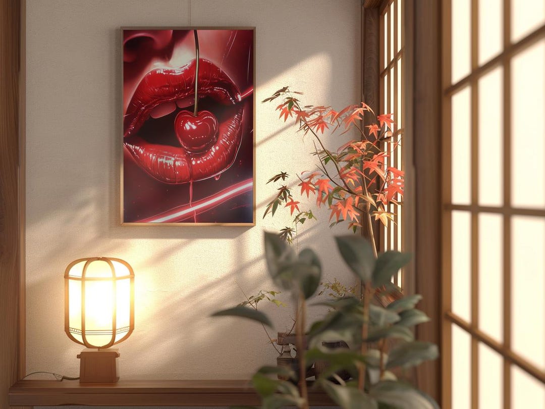 Retro 80s Airbrush Art | Sensual Red Lips | Cherry Stem Detail | Neon ...
