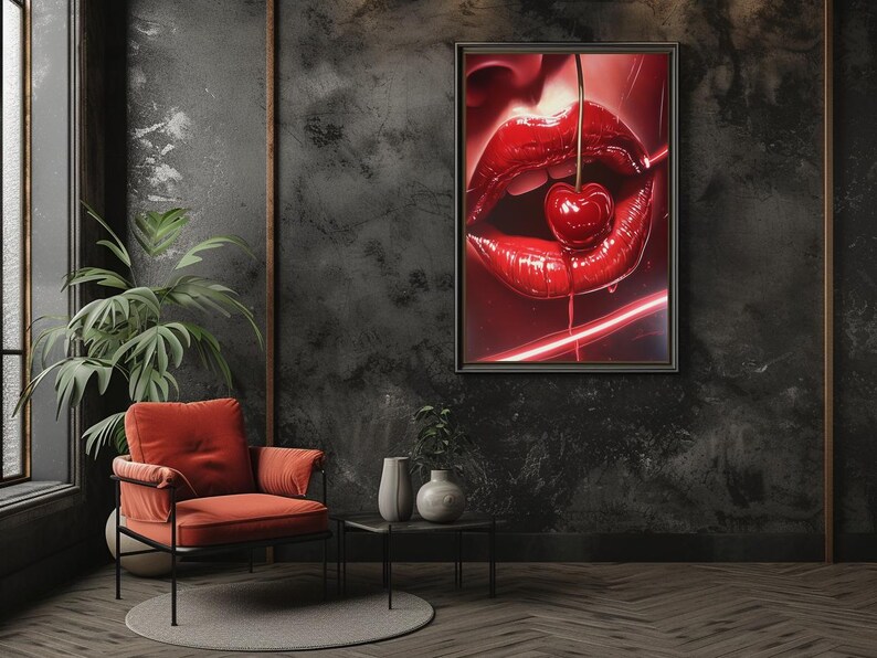 Retro 80s Airbrush Art | Sensual Red Lips | Cherry Stem Detail | Neon ...