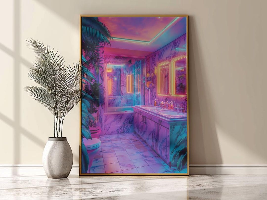 80s Miami Vibe Marble Tiling Art Neon Lights Display Tropical Foliage ...