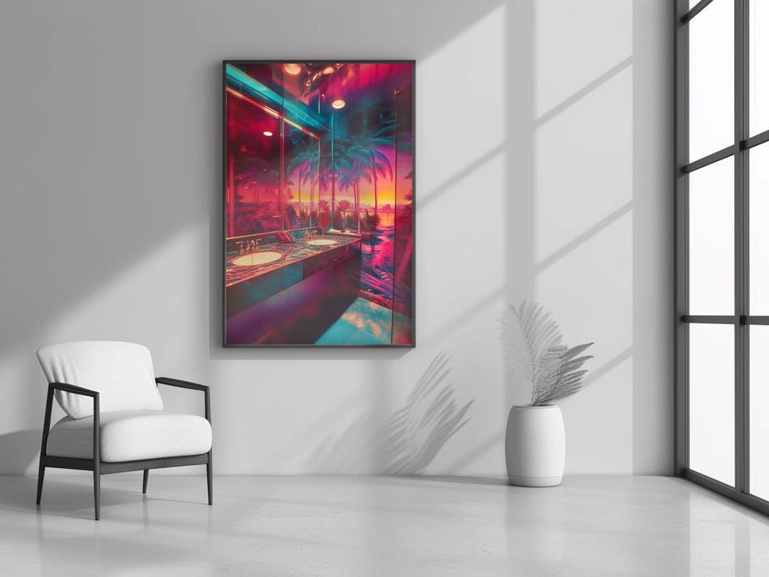Retro 80s Miami Luxury Bathroom Poster Marble Tiles, Neon Lights ...