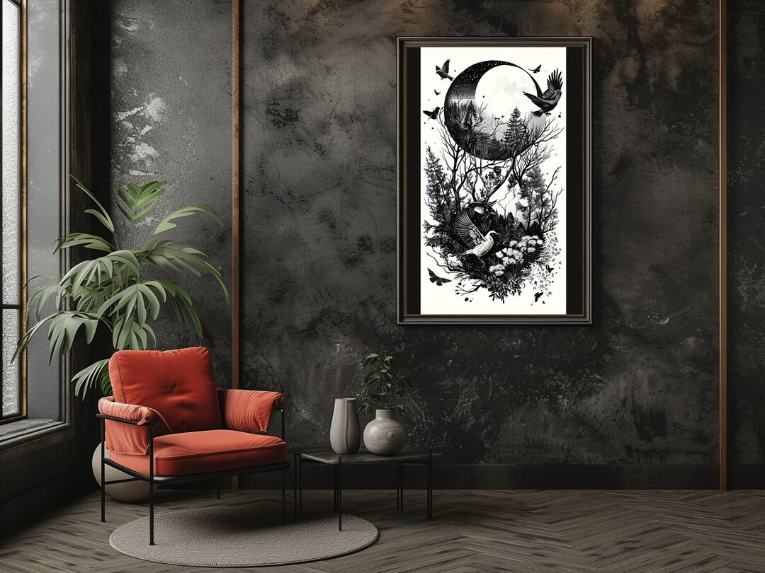 Monochrome Birds & Full Moon Poster Modern European Ink Art Screenprint ...