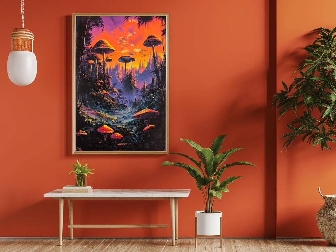 Psychedelic 1980s Airbrush Poster Vibrant Mushrooms & Alien Art ...