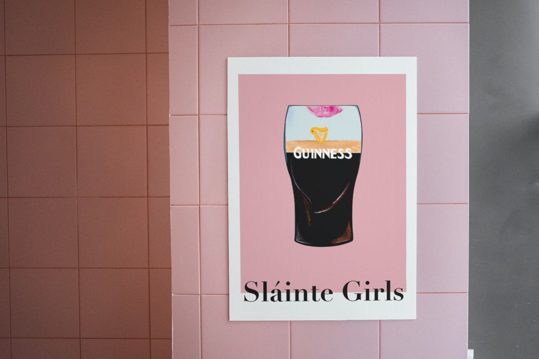 Guinness Sláinte Girls Print - Dark Pink Guinness Wall Art for Home Bar ...