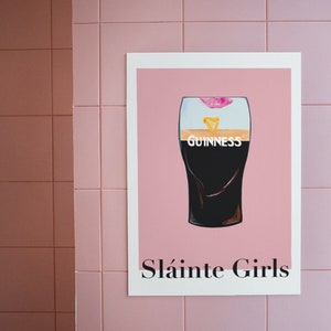 Guinness Sláinte Girls Print - Dark Pink Guinness Wall Art for Home Bar ...