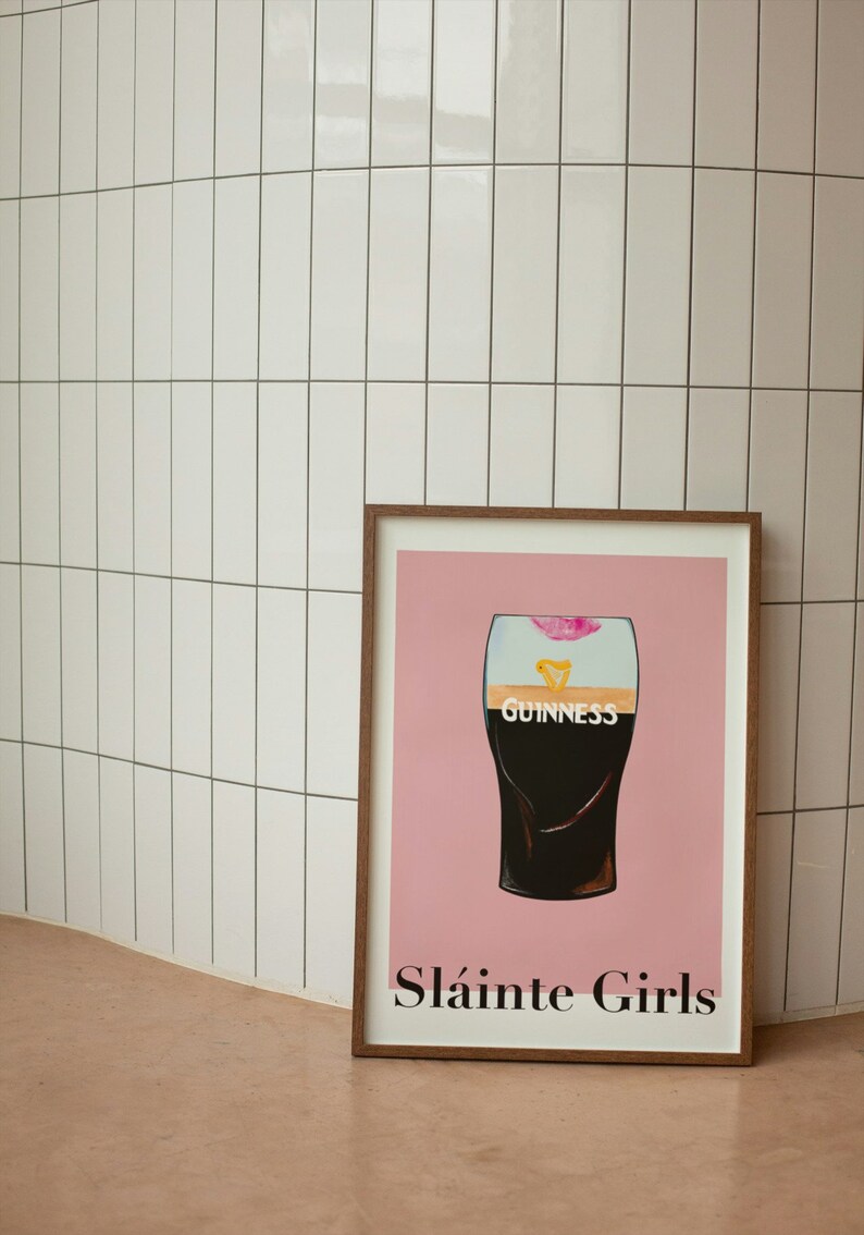 Guinness Sláinte Girls Print - Dark Pink Guinness Wall Art for Home Bar ...