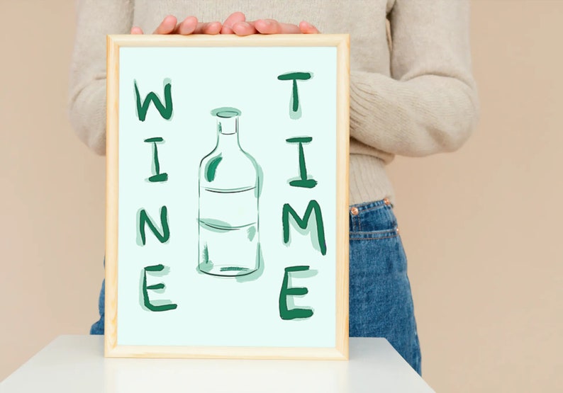 Green Wine Time Print - Minimalist Wine Art for Chic Kitchen Decor ...