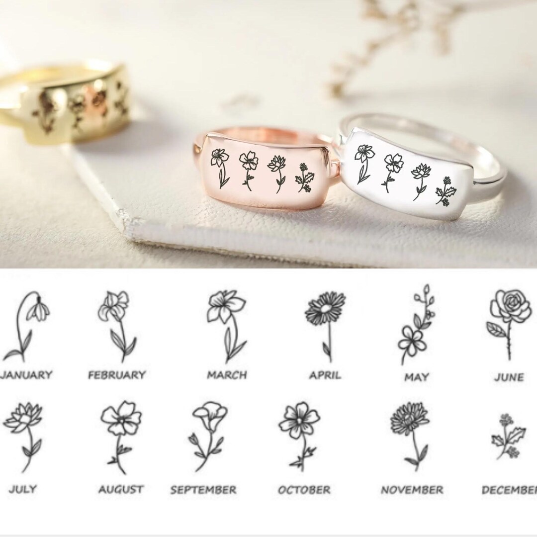Custom Birth Flower Ring Engraved Flower Ring Custom Mothers Ring ...
