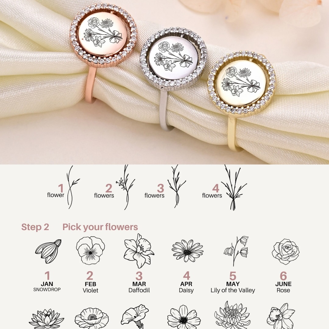 Bouquet Birth Flower Ring, Custom Family Flowers Ring, Personalized ...