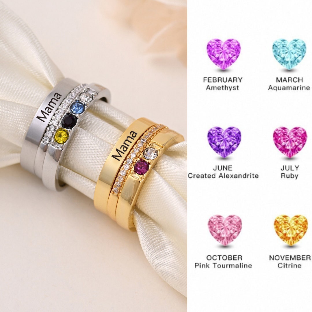 1~7 Family Birthstone Ring, Kids & Mother Birthstone Ring, Custom Birth ...