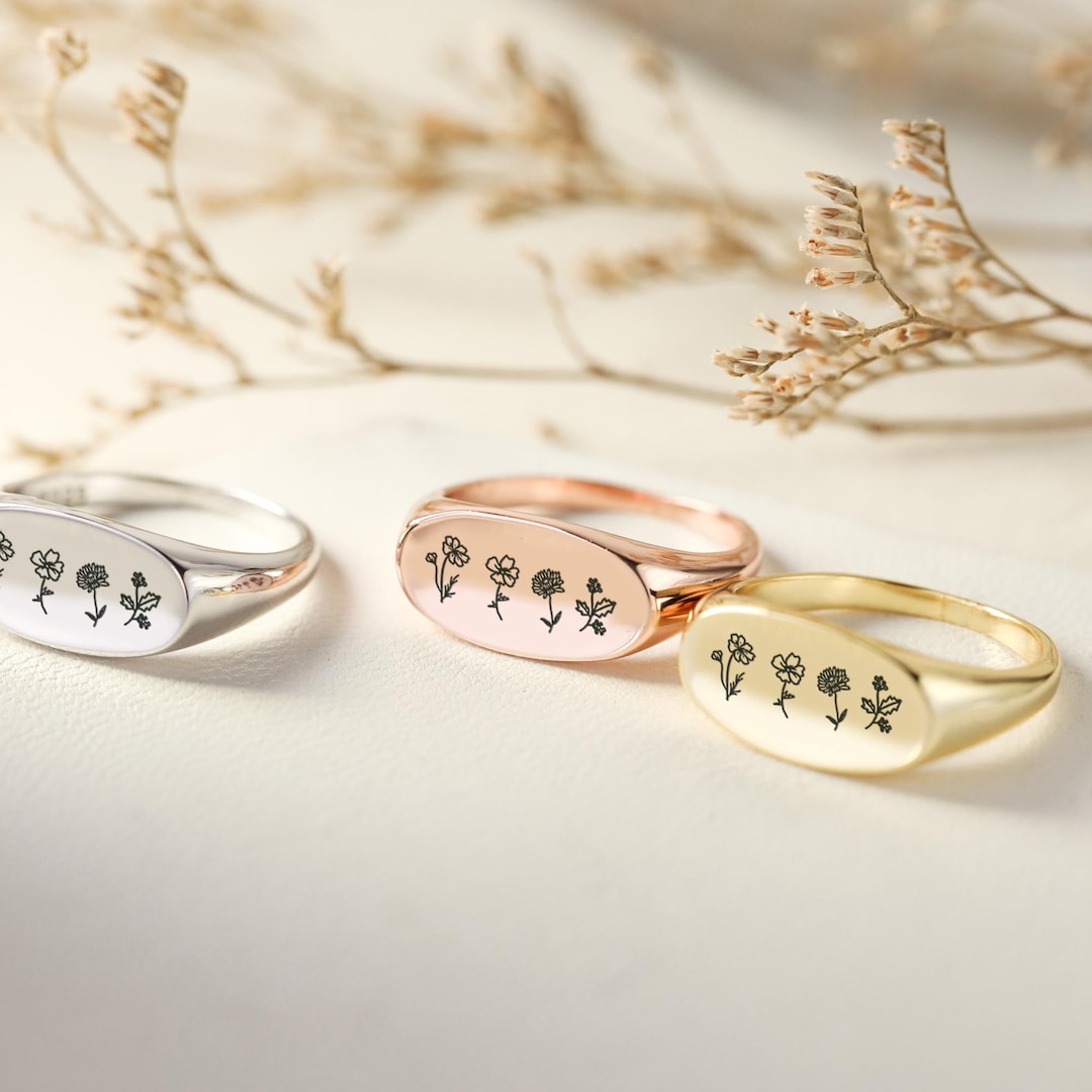 Personalized Birth Month Flower Ring Custom Birth Flower Ring Engraved ...