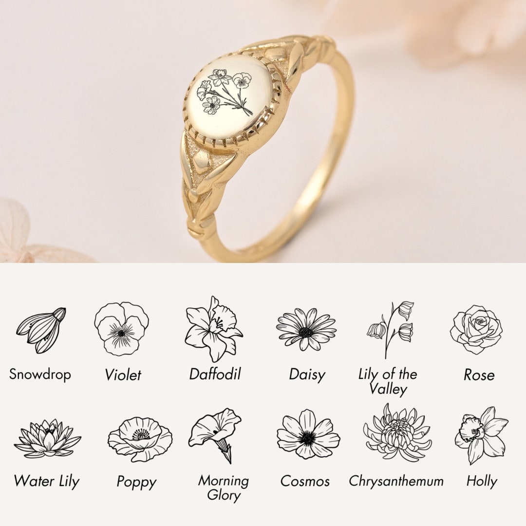 Birth Flower Ring, Flower Signet Ring, Dainty Floral Ring, Birthflower ...