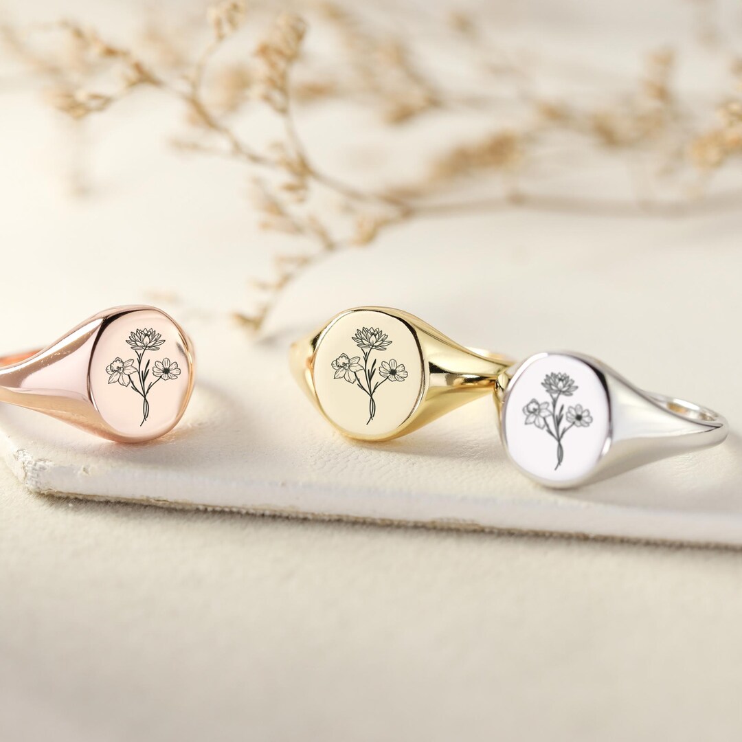 Personalized Birth Flower Signet Ring: Sterling Silver Floral Ring - Etsy