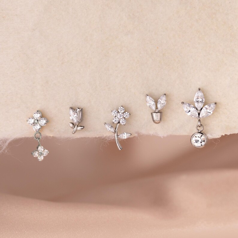 Flower Titanium Stud Earrings Set: Zirconia Cartilage, Conch, Helix ...