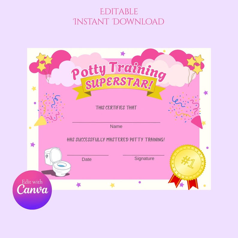Potty Training Certificate, Editable, Instant Download, Template, for ...
