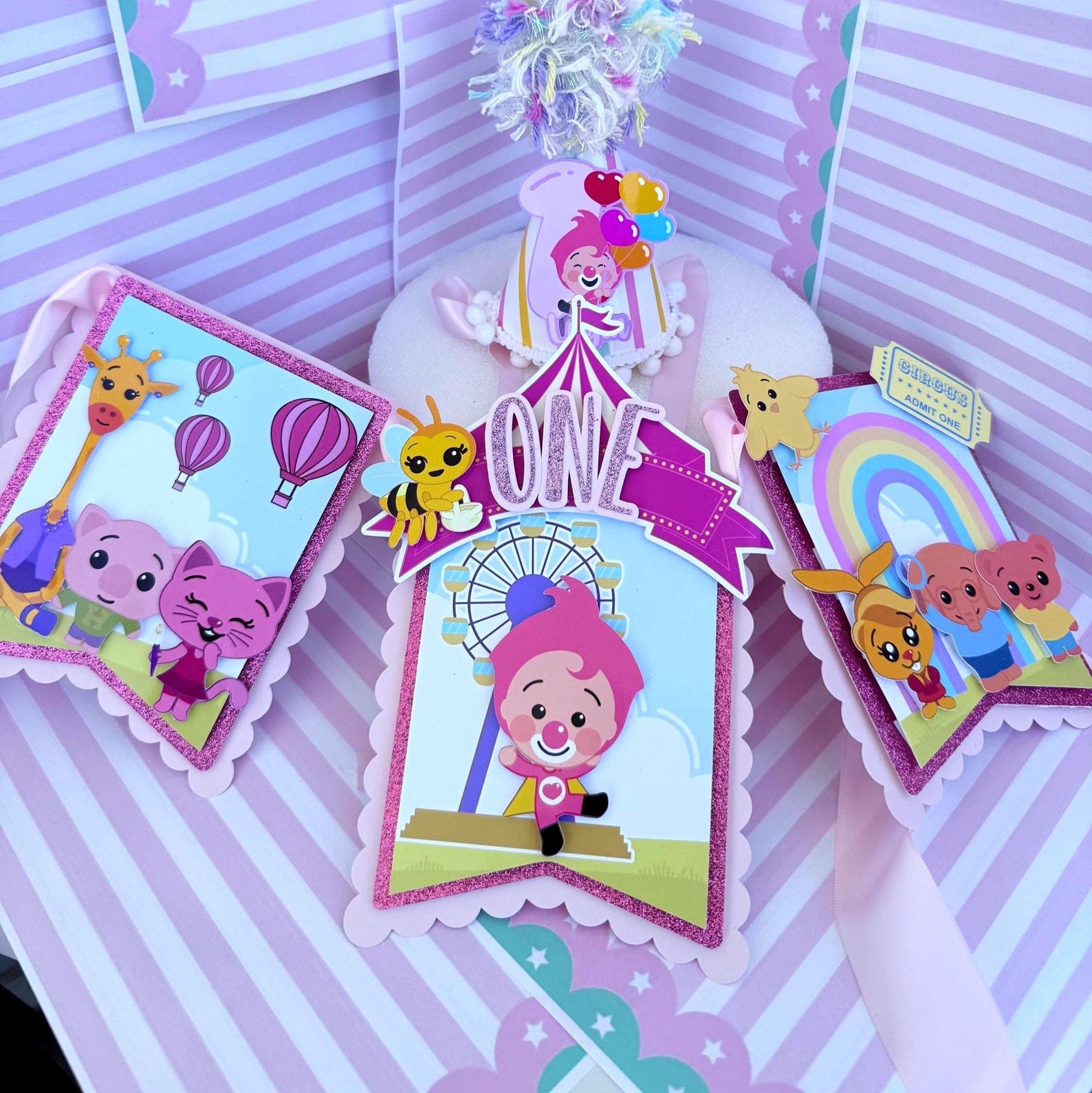 Plim Plim One Banner Pink Circus Cake Topper 3D Clown Banner, Girl's ...
