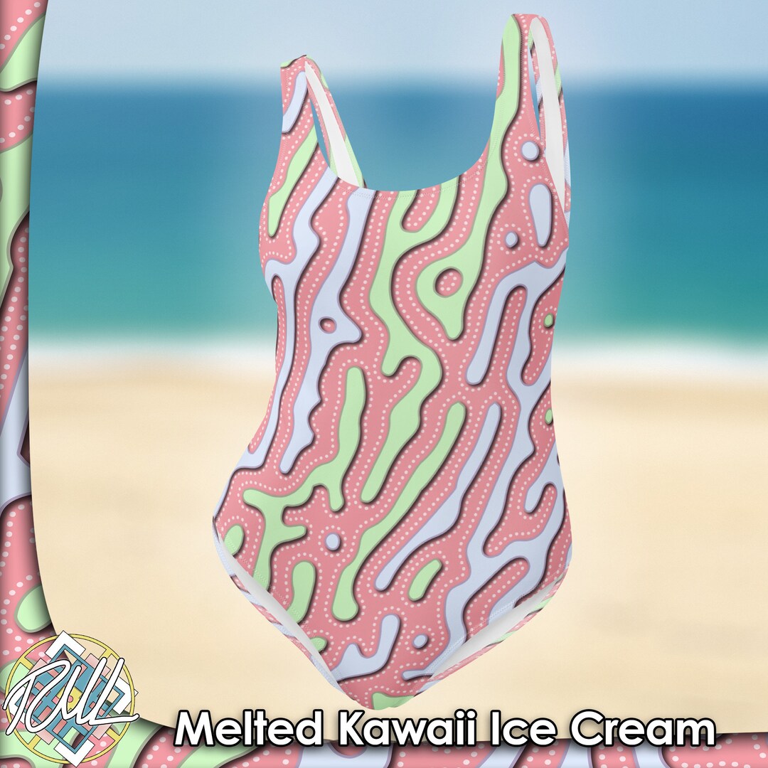 Pastel Kawaii One-piece Swimsuit - Pink & Green Abstract Squiggle ...
