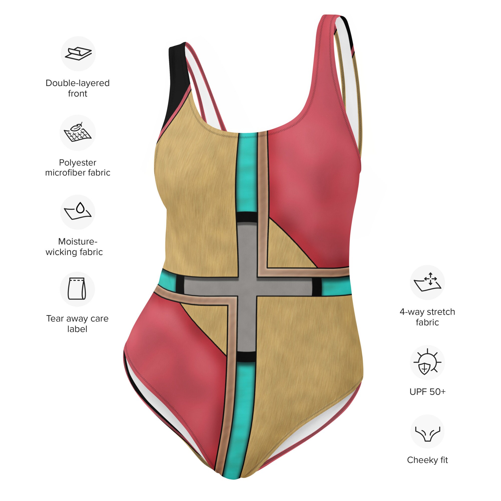 One-piece Swimsuit Red, Yellow, Turquoise Geometric Art Deco Design - Etsy