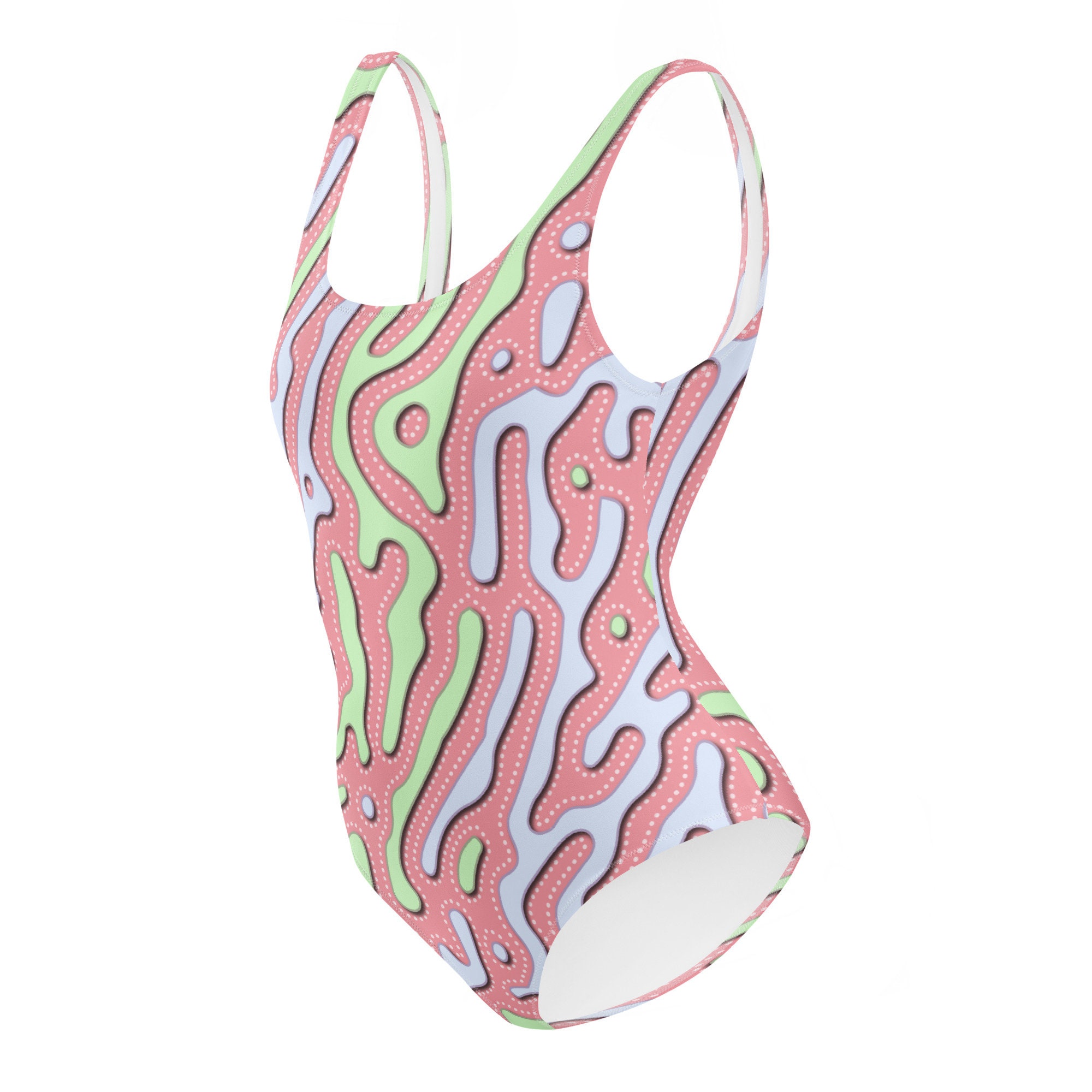 Pastel Kawaii One-piece Swimsuit - Pink & Green Abstract Squiggle ...