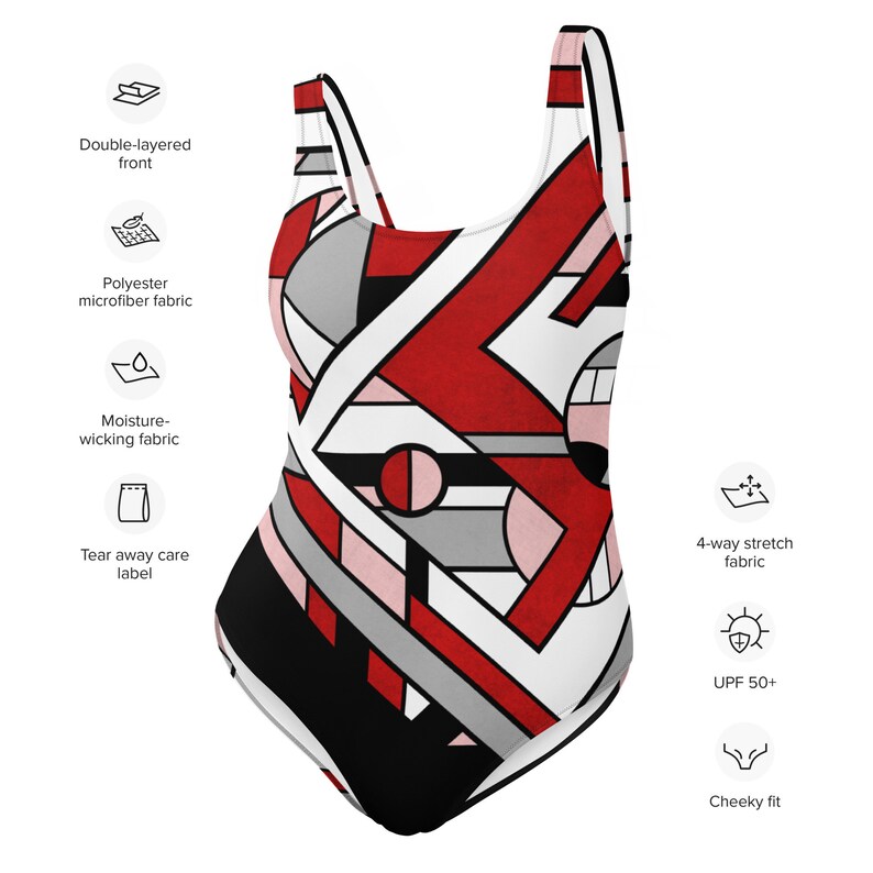 Women's One-piece Swimsuit - Red & Black Abstract Geometric Cyberpunk ...