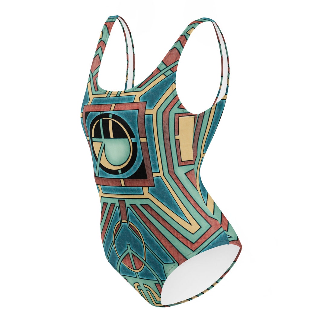 Art Deco One-piece Swimsuit - Green, Rust and Yellow Hard Edge ...