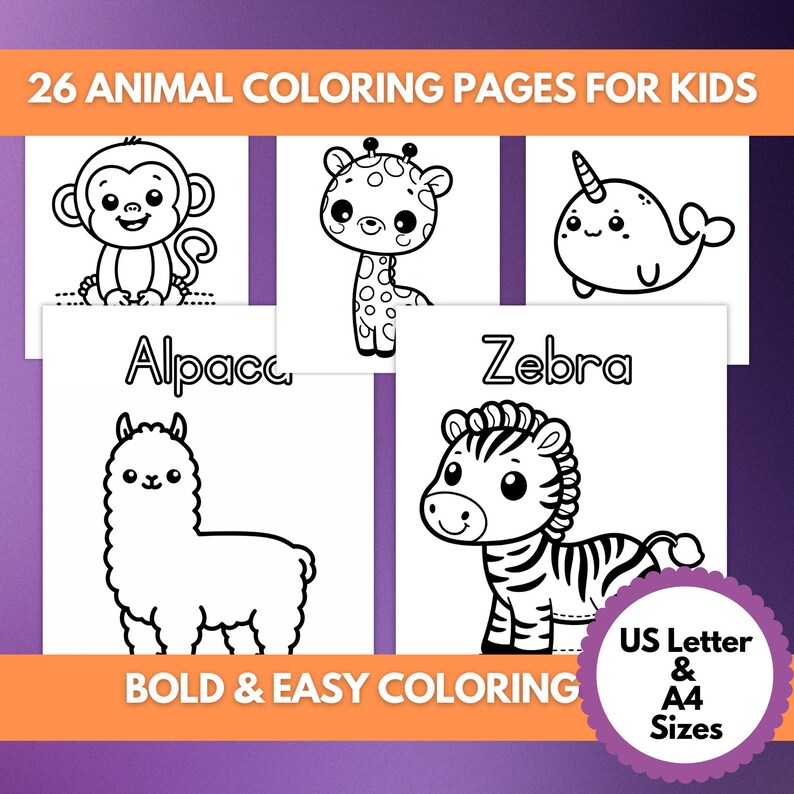 26 Easy Coloring Pages for Kids, Animal Coloring Page Bundle for ...