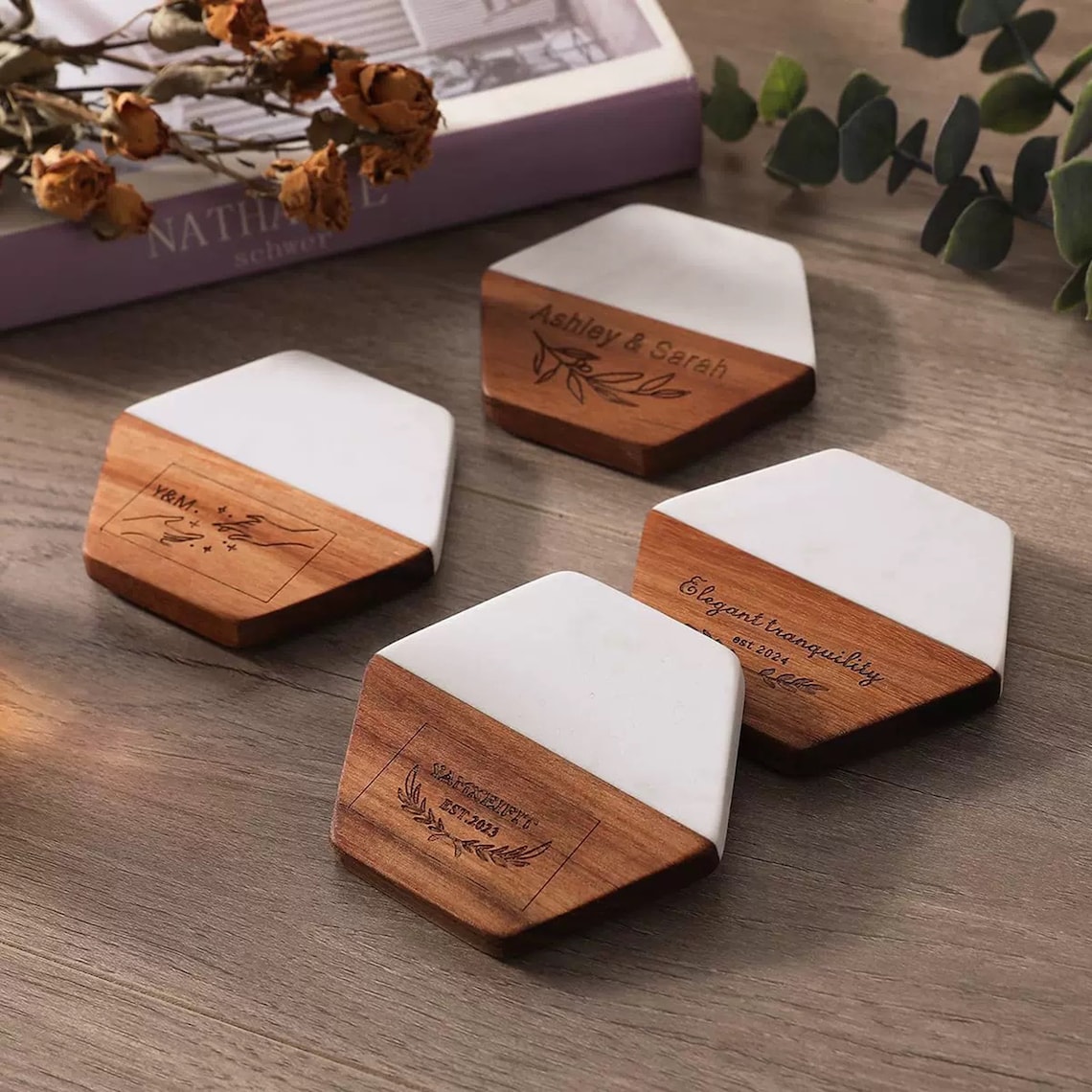 Personalized Marble Wood Coasters,housewarming Gifts,wedding Gift ...