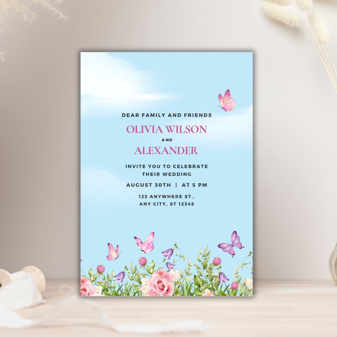 Butterfly Wedding Invitation Card. Editable Template in Canva. - Etsy