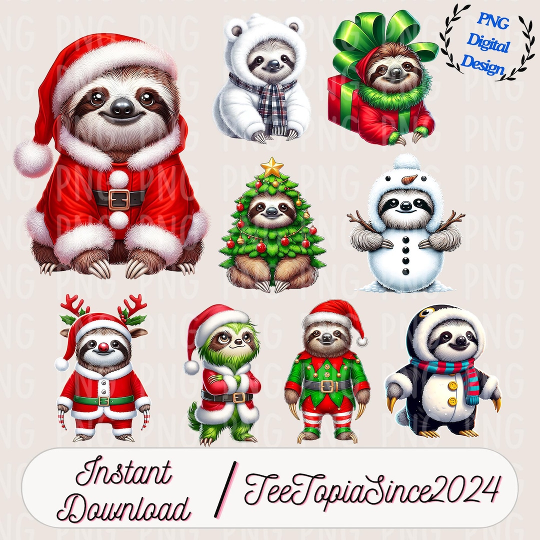 Sloth Christmas Png Bundle, Christmas Sloth Png, Sloth Png, Cute Sloth ...