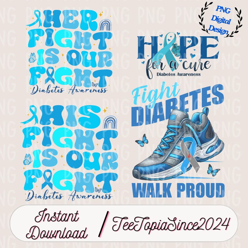 Diabetes Awareness Designs Bundle Png, Blue Ribbon, Her Fight is Our ...