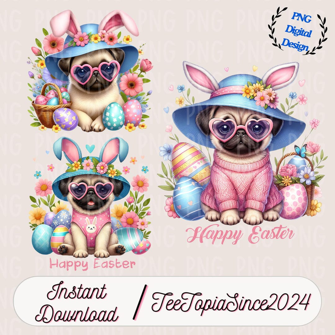 Easter Day Pug PNG, Dog Easter Png, Retro Easter Png, Happy Easter ...