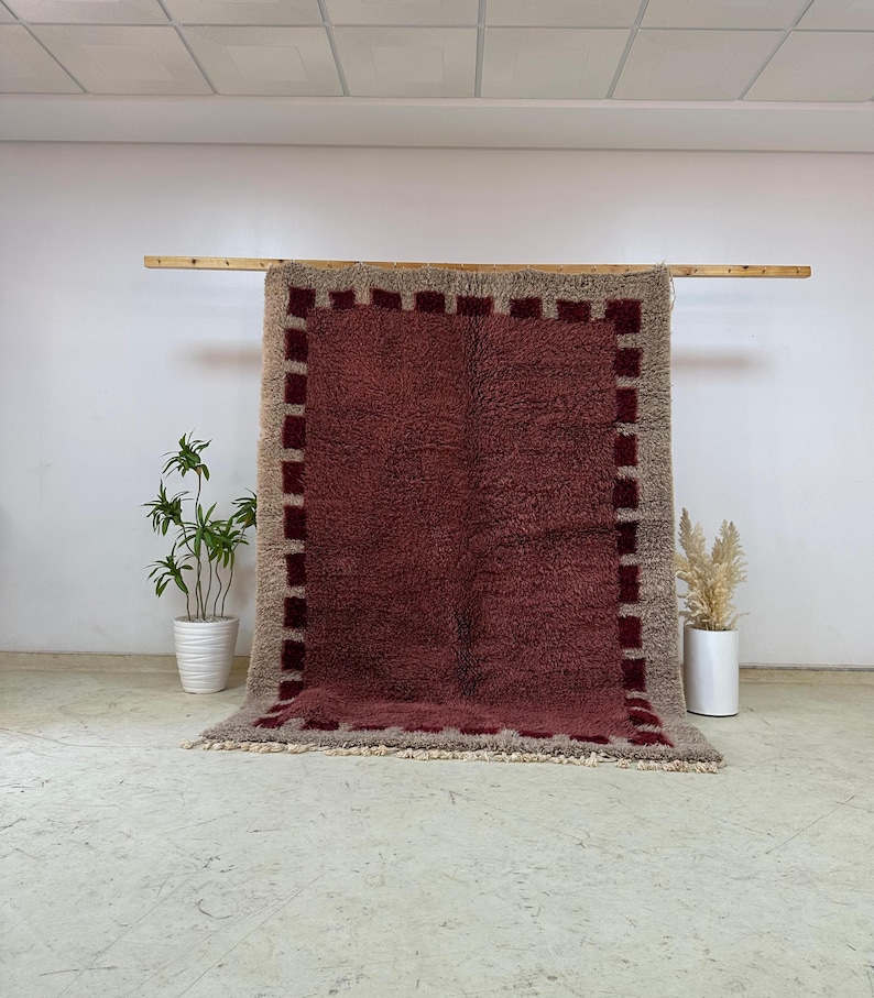 Plush Beni Ourain Area Rug, Handmade Moroccan Wool Carpet, Burgundy and ...