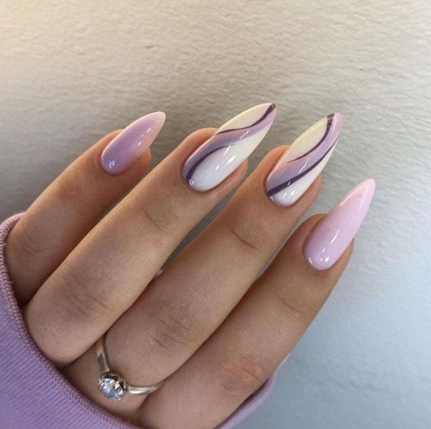Pastel Purple and White Design Nails, Handmade Fake Nails Gel Acrylic ...