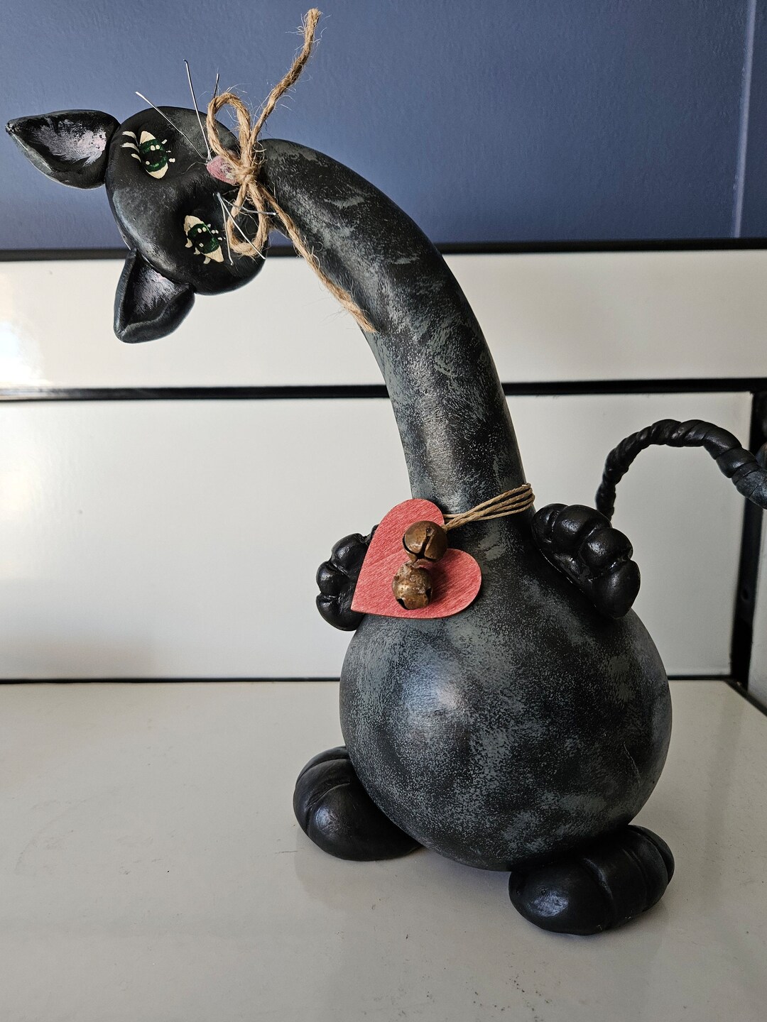 Gourdeous Playfull Black Sculpted Cat With Heart and Rusty Bells - Etsy