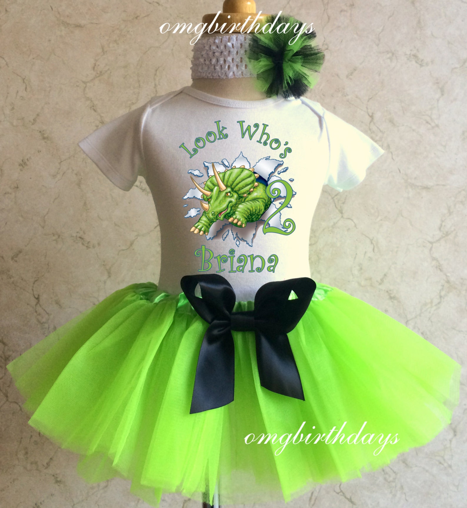 Triceratops Dino Dinosaur Green Birthday Girl Party Tutu Outfit Dress ...