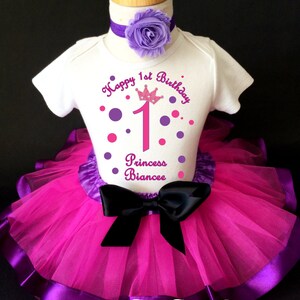 Purple Pink Princess Crown Polka Dots Black 1st First Girl Birthday ...