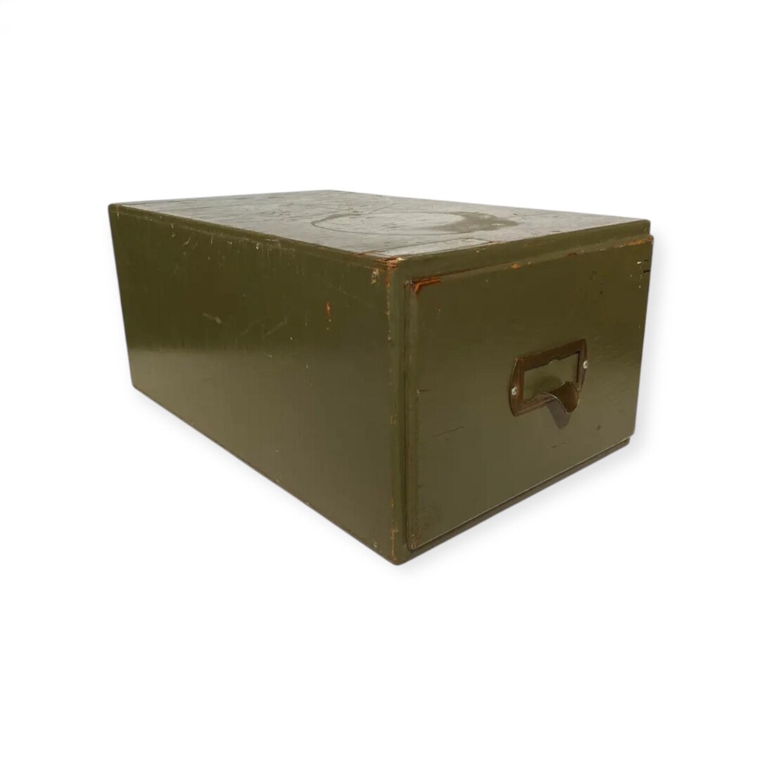 Vintage Army Green Wooden Filing Box – Antique Storage With Brass ...