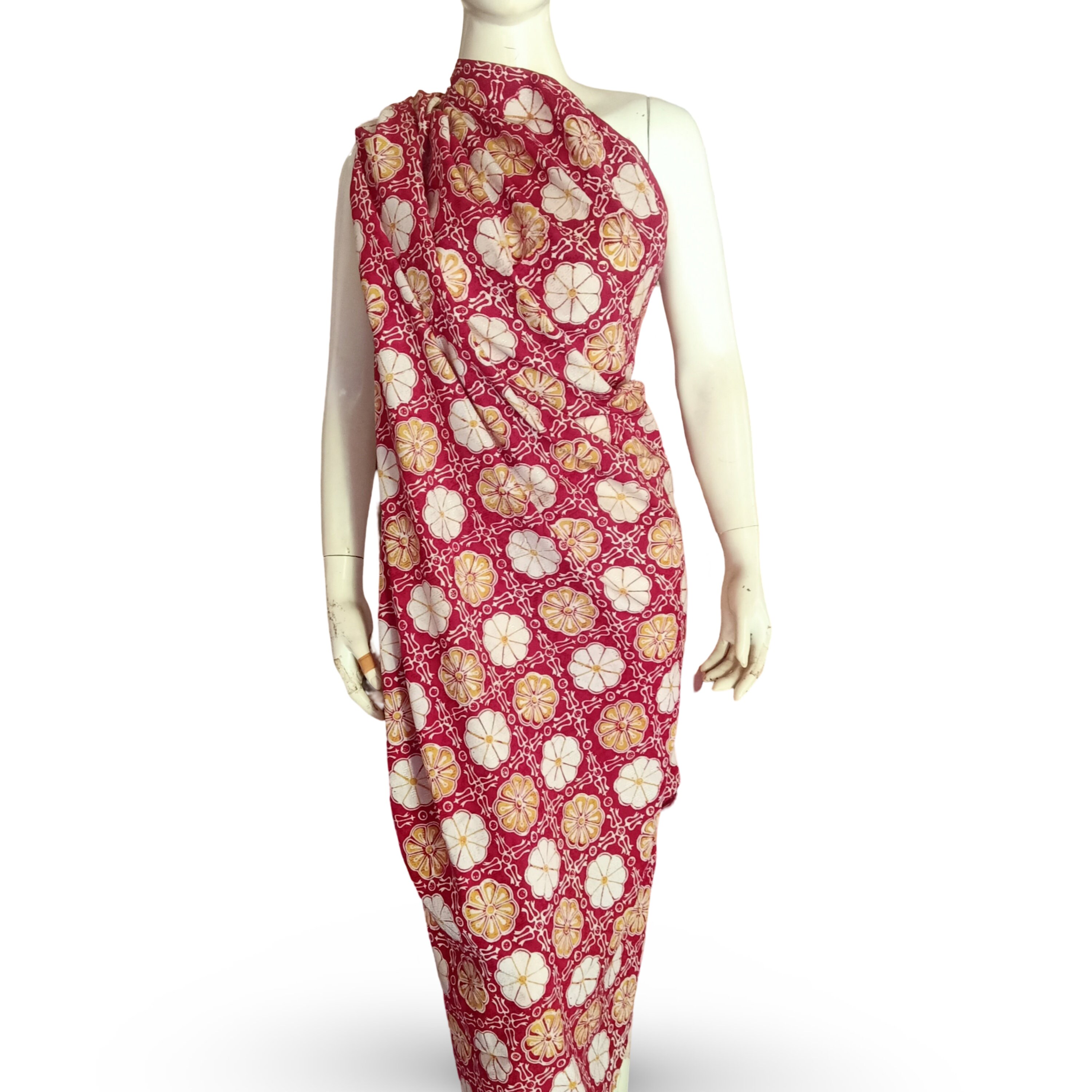 Handmade Red and Gold Batik Fabric - Ethnic Floral Print - Traditional ...