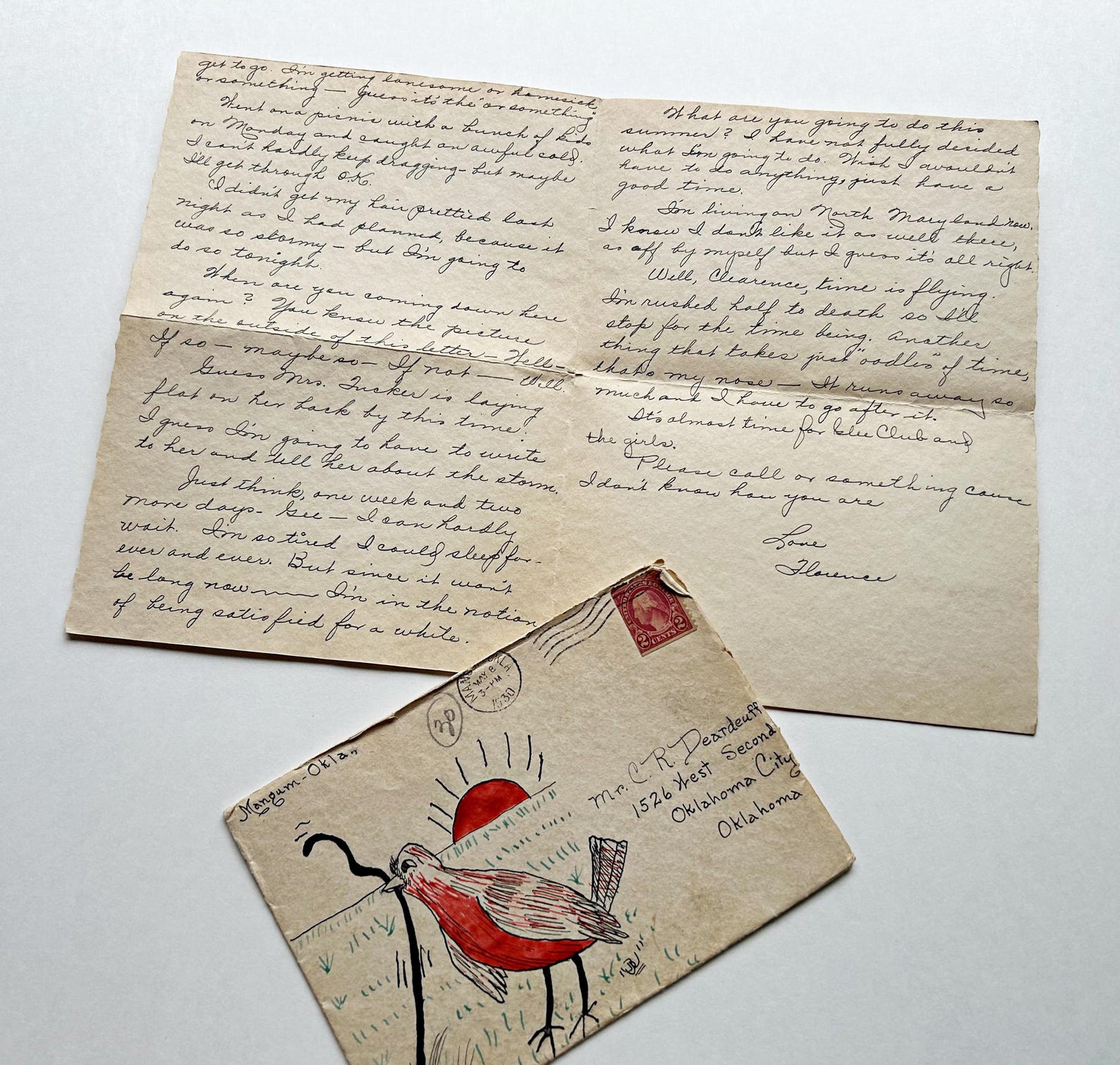 Mail Art From 1930, Folk Art Bird Envelope, Handwritten Letter in ...