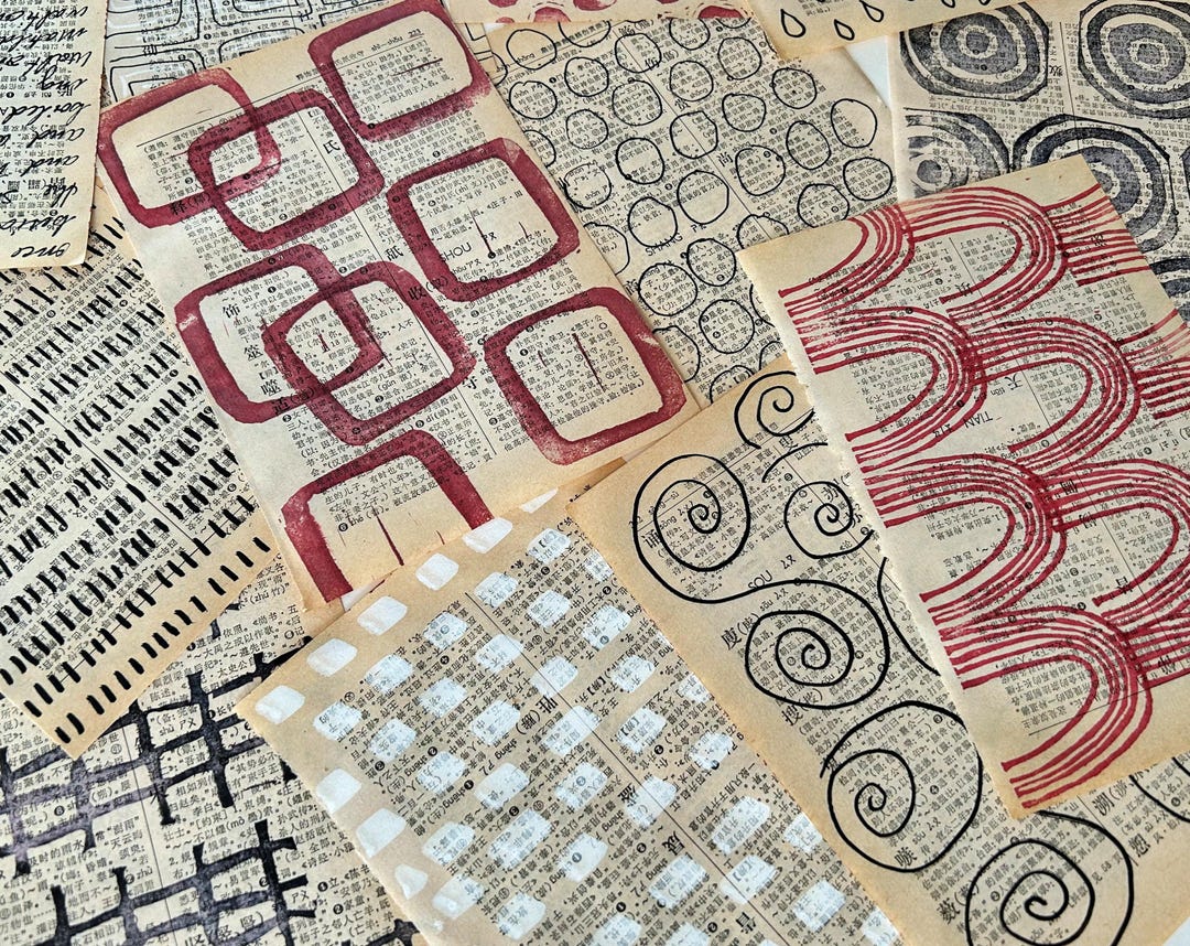 Altered Book Pages Collage Fodder, Mark-making With Carved Rubber ...