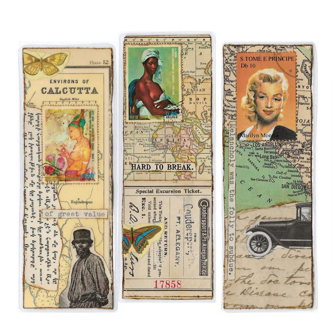 Vintage Collage Bookmarks, Set of 3 One of a Kind Handmade Mixed Media ...