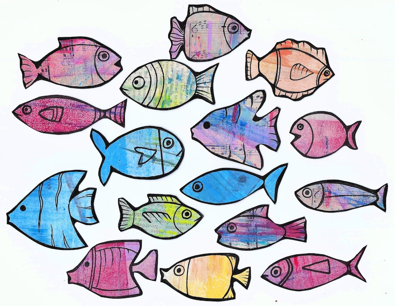 Handmade Fish Collage Ephemera: 2 Inch Art Journaling Pieces (A39 Fish ...