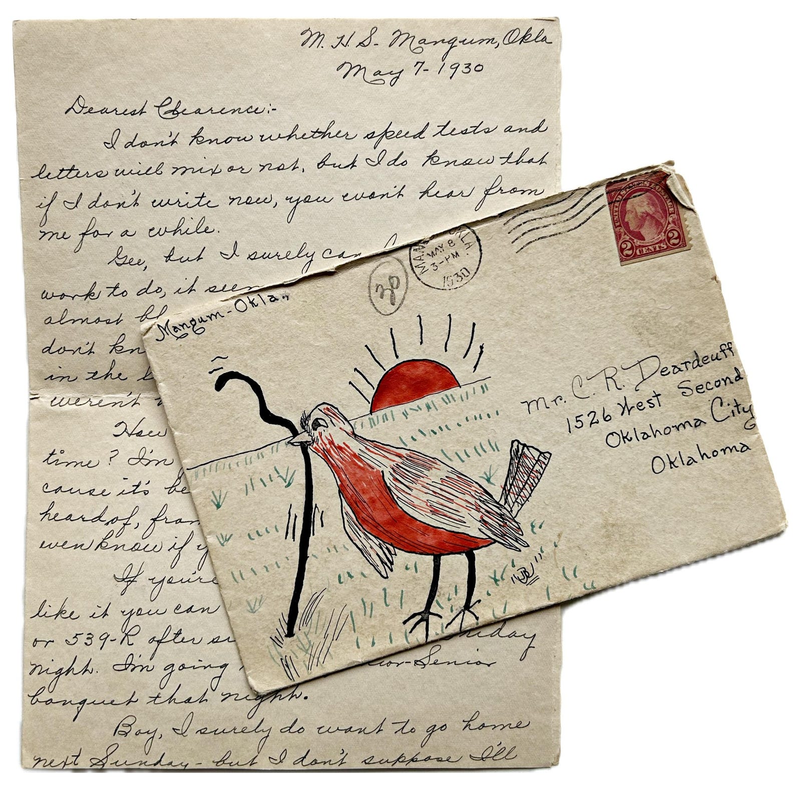 Mail Art From 1930, Folk Art Bird Envelope, Handwritten Letter in ...