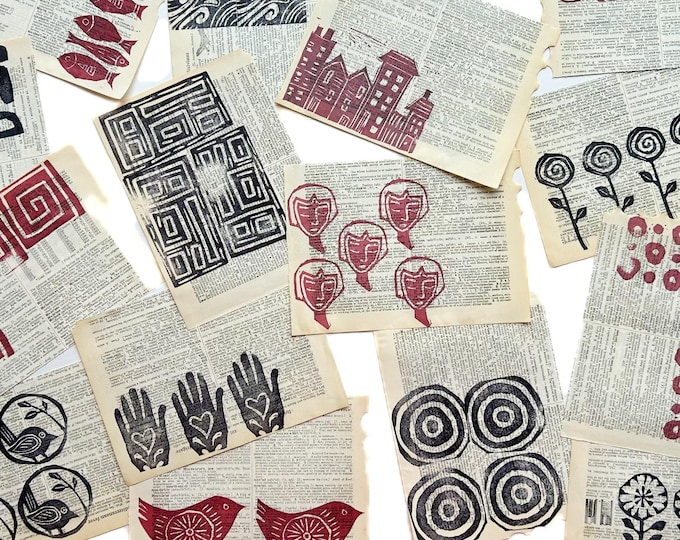 Altered Book Pages Collage Fodder, Mark-making With Carved Rubber ...