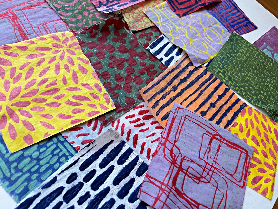 Gelli Prints on Deli Paper, Layered Designs, Hand Painted Collage Paper ...