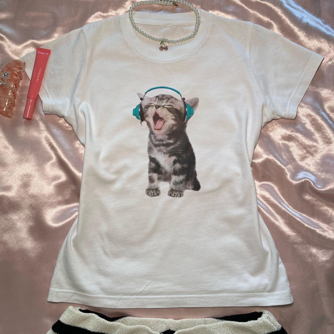 Y2K Headphones Cat Baby Tee 90s Kitten Baby Tee Silly Cat Meme Shirt ...
