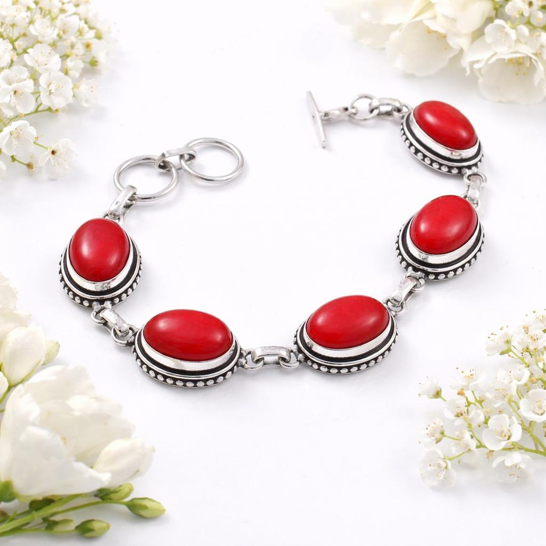 Handmade Red Coral Sterling Silver Chain Bracelet, Boho Jewelry - Etsy